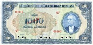 Banknote: 1,000 Turkish Lira (Türkei(1942-3.Emisyon "Türk Lirası") Wor ...