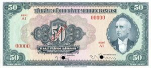 Banknote: 50 Turkish Lira (Türkiye (Turkey)(1942-3.Emisyon "Türk Lirası ...