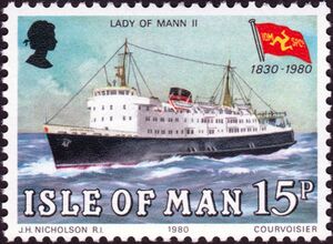 Stamp: Mail Boat "Lady of Mann II" (Isle of Man(150th Anniversary of ...
