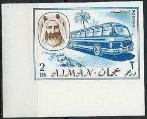 Stamp: Sheikh Rashid and Bus (Ajman(Transportation) Mi:AJ 128B,Col:AJ ...