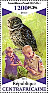 Stamp: Scouts; Owl (Central African Republic(165th Birth Anniversary of ...