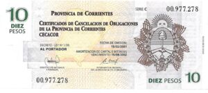 Cédulas: 10 Pesos (Argentina(Issue Provincia de Corrientes) Wor:P-S2392d 💴
