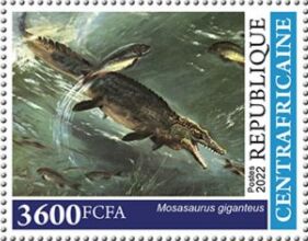 Stamp: Mosasaurus giganteus (Central African Republic(Prehistoric Water ...