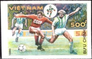 Stamp: Soccer players in action Oleg Protasov, USSR (in the centre ...