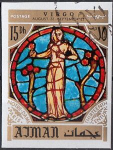 Stamp: Virgo, Zodiac Sign in the Notre Dame Cathedral, Paris (Ajman ...