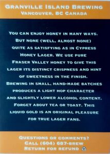 Drink Label: Cypress Honey Lager (Granville Island Brewing, CanadaCol ...