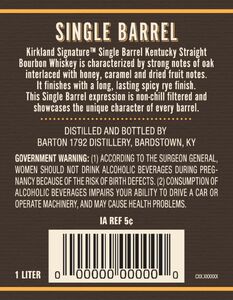 Drink Label: Bourbon Kirkland Signature Single Barrel (Barton 1792 ...