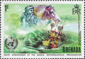 Stamp: Poseidon (Greek god) and "Normad" storm detector (Grenada ...