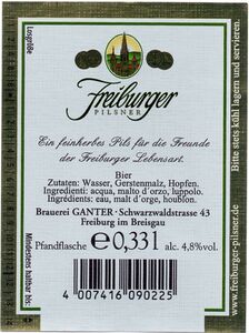 Drink Label: Freiburger Pilsner (Brauerei Ganter, Freiburg, Germany, Federal RepublicCol:DE-BEER ...