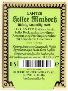 Drink Label: Ganter Heller Maibock (Brauerei Ganter, Freiburg, Germany, Federal RepublicCol:DE ...