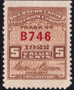 Stamp: Frank - dated 1922 (United States of America(Western Union ...