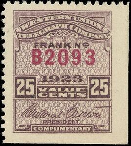 Stamp: Frank - dated 1923 (United States of America(Western Union ...