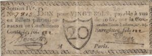 Banknotas: 20 Sols (Prancūzija - Prancūzijos rev. patikos raštas(Paris ...