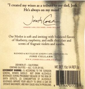 Drink Label: Josh Merlot (Joseph Carr - Josh Cellars, United States of ...