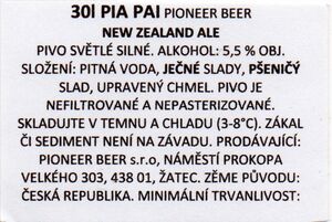 Drink Label: Pia Pai New Zealand Ale (pivovar Pioneer Žatec, Czech ...