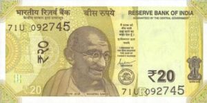 Banknote: 20 Rupees (India(2016-2022 "Gandhi at Center" Issue) Wor:P-110k