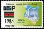 Stamp: Flag and proposed NHIF Headquarters in map - dated 2001/2002 ...