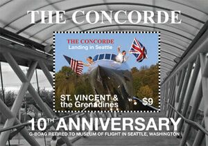 Stamp: Nose of Concorde; Crew Holding Flags of USA and UK (Saint ...