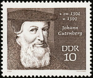 Stamp: Johannes Gutenberg (c. 1397-1468) (Germany, Democratic Republic ...