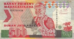 Banknote: 2,500 Francs (Madagascar(1988-1994 ND Issue) Wor:P-72 Ab