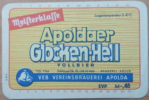Drink Label: Apoldaer Glocken-Hell (VEB Vereinsbrauerei Apolda, Germany ...