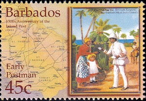 Stamp: Map of Barbados and Early postman (Barbados(Inland Post, 150th ...