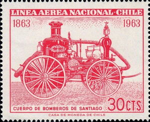 Stamp: Fire engine of 1860's (Chile(100 Anniv. Santiago Fire Brigade ...