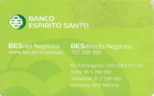 Bank Card: BES Negócios Code Card (Banco Espirito Santo, PortugalCol:PT ...