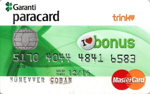 Bank Card: Garanti Paracard, Trink (Garanti Bankası, Türkiye (Turkey ...