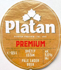 Drink Label: Platan Premium Světlý Ležák Pale Lager Beer (Pivovar ...