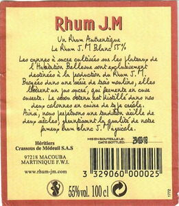 Drink Label: Rhum J.M blanc 55% Vol. (Héritiers Crassous de Medeuil ...