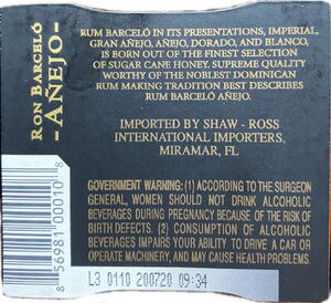 Etiqueta de bebida: Imported Ron Barceló Añejo (Ron Barceló S.R.L., República DominicanaCol:DO ...