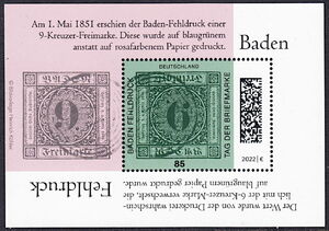 Stamp: Stamp Day : Baden 1851 Color Error Stamp (Germany, Federal RepublicMi:DE BL90,Sn:DE 3325a ...