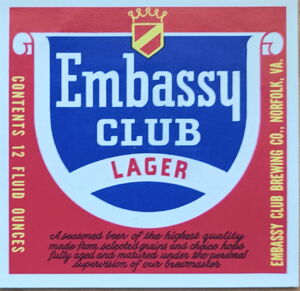 Drink Label: Embassy Club Lager (Embassy Club Brewing Co., United ...