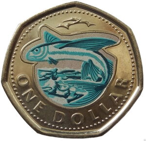 Coin: 1 Dollar (Flying fish, colored) (Barbados(1973~Today ...