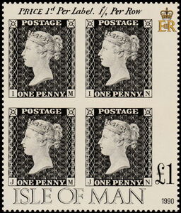 Stamp: Block of four Penny Black stamps lettered IM-JN (Isle of Man ...