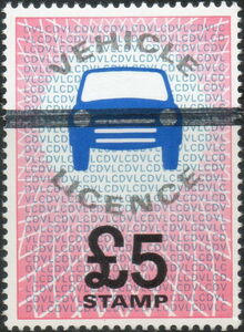 Stamp: Car (United Kingdom: Cinderella Stamps(Vehicle Licence) Bar:GB VL1