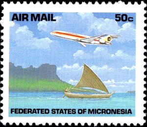 Stamp: Passenger jet, sailboat (Micronesia, Federated States of ...
