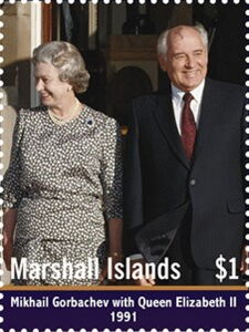 Stamp: Mikhail Gorbachev with Queen Elizabeth II, 1991 (Marshall Islands(In Memoriam of Mikhail ...