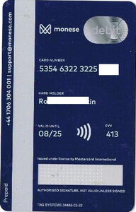 Bank Card: Monese Prepaid Mastercard (Prepay Technologies Ltd., United Kingdom of Great Britain ...