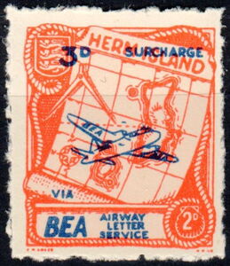 Stamp: BEA Airway Letter Service Surcharge in blue on Herm Island ...