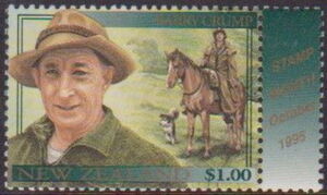 Stamp: Barry Crump with October label (New Zealand(Famous New ...
