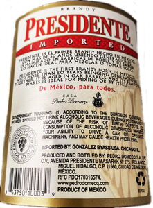 Drink Label: Imported Brandy Presidente Casa Pedro Domecq (Industrias ...