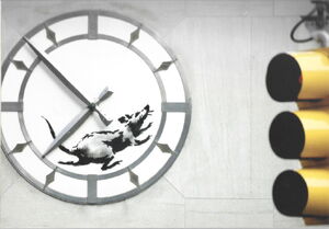 Postcard: BANKSY, Rat running in a street clock face like a hamster ...
