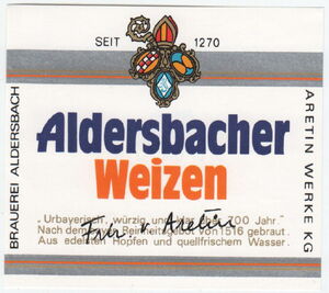 Drink Label: Aldersbacher Weizen (Aldersbach Frhr. von Aretin, Brauerei, GmbH & Co. , Germany ...
