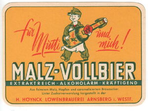 Drink Label: Malz-Vollbier (H. Höynck Löwenbrauerei Arnsberg, Germany ...