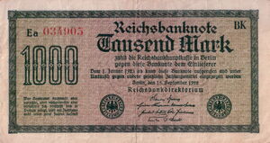 Banknote: 1,000 Mark (Germany(1922 3rd Issue - Reichsbanknote, Republic ...