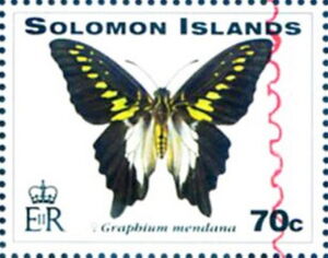 Stamp: Swallowtail Butterfly (Graphium mendana) - Red Overprint ...