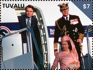 Stamp: Queen Elizabeth II & Prince Philip Disembarking Concorde (Tuvalu ...