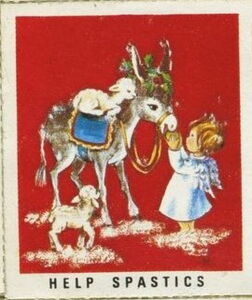 Stamp: Help Spastics. Donkey, Lambs, Child (United Kingdom: Cinderella ...